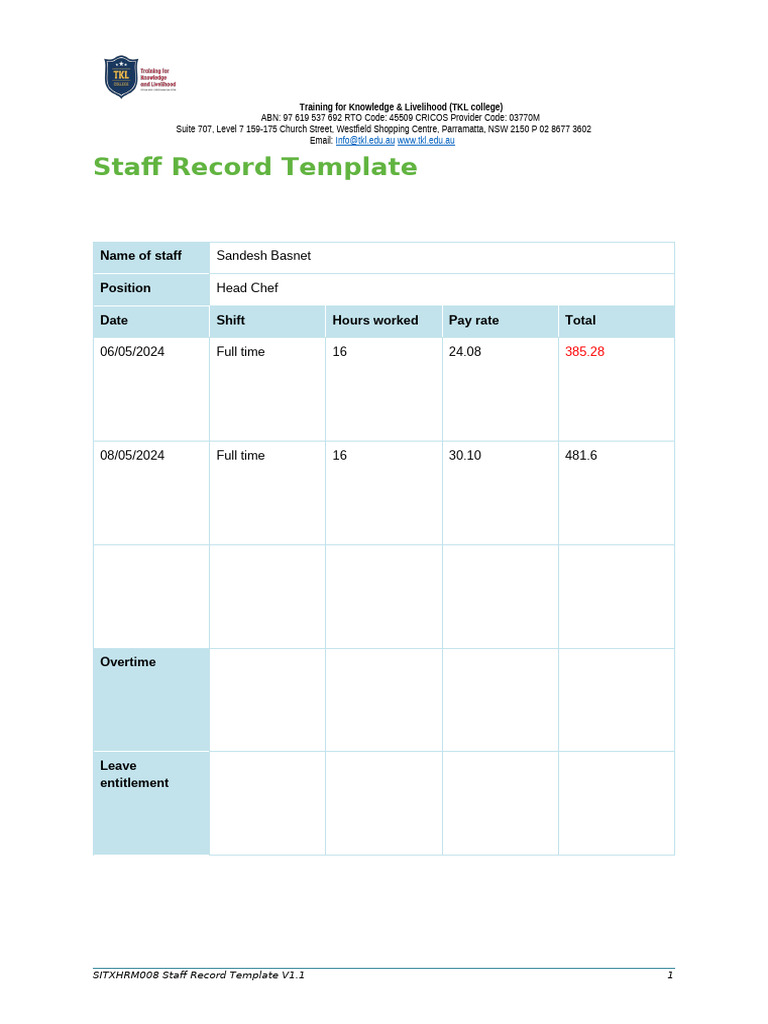 SITXHRM008 Sandesh Staff Record Template | PDF | Working Time ...