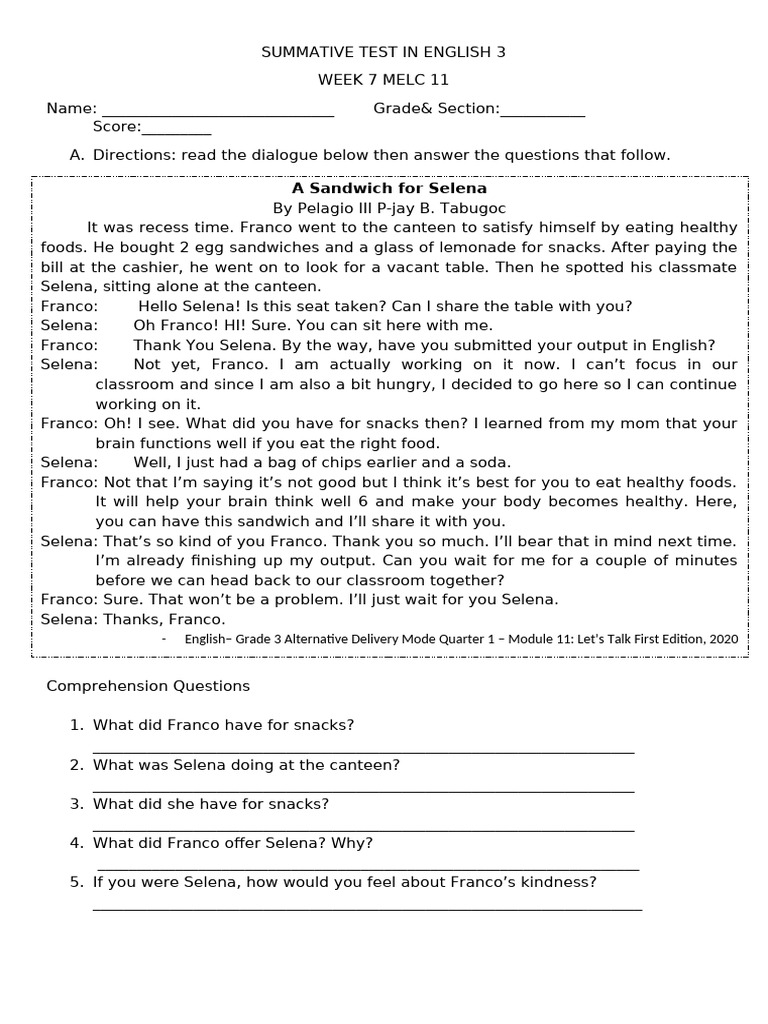 Summative Test in English 3 Q1 W7and8 With Tos | PDF | Wellness