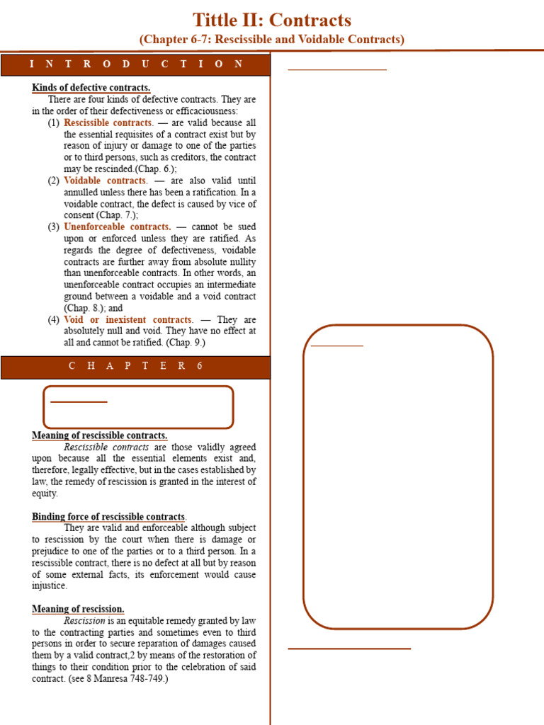 II. Chapter 6-7. Recissible Contracts and Voidable Contracts | PDF | Annulment | Void (Law)