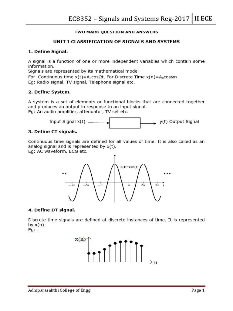 EC8352 - Signals and Systems 2 Marks Q & A | PDF | Sampling (Signal Processing) | Discrete Time ...