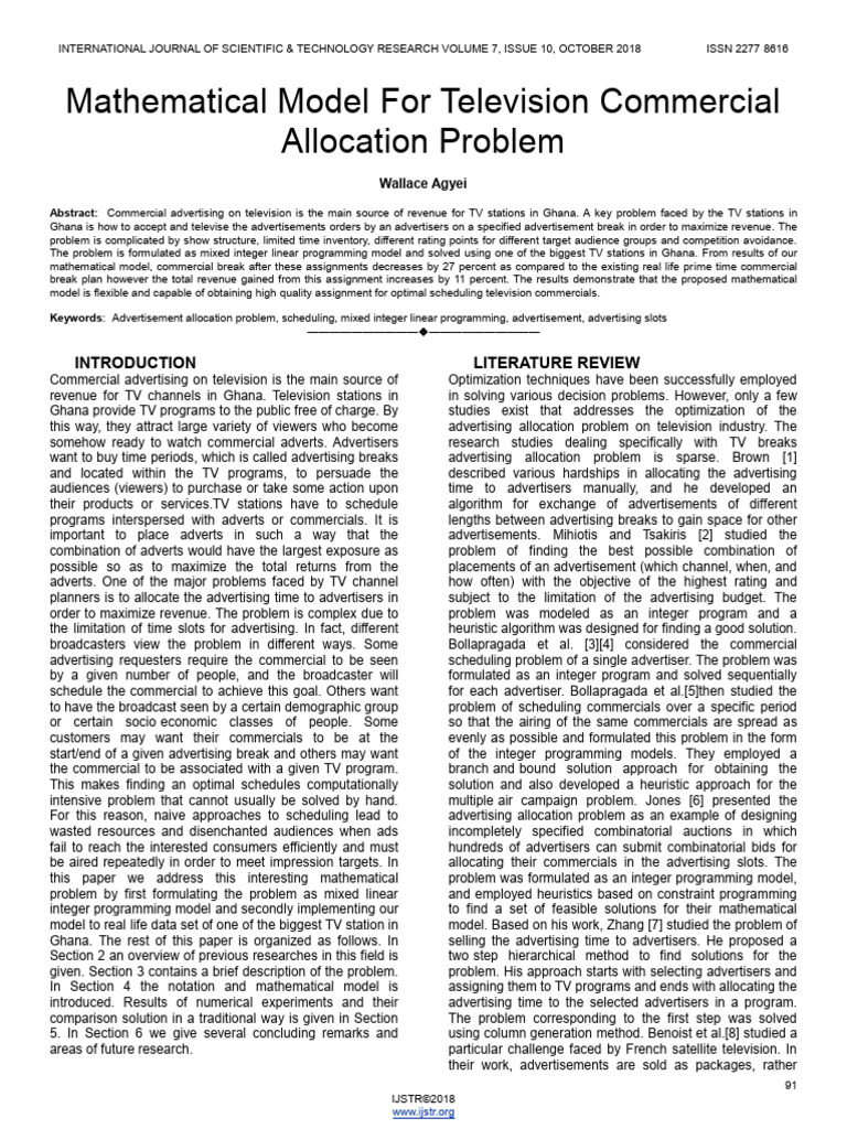 Mathematical Model For Television Commercial Allocation Problem | PDF | Advertising ...