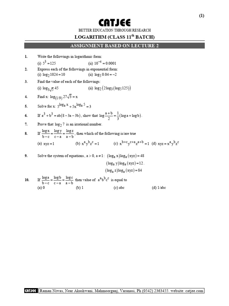 Logarithm Assignment Solutions For Class 11 Pdf Mathematical