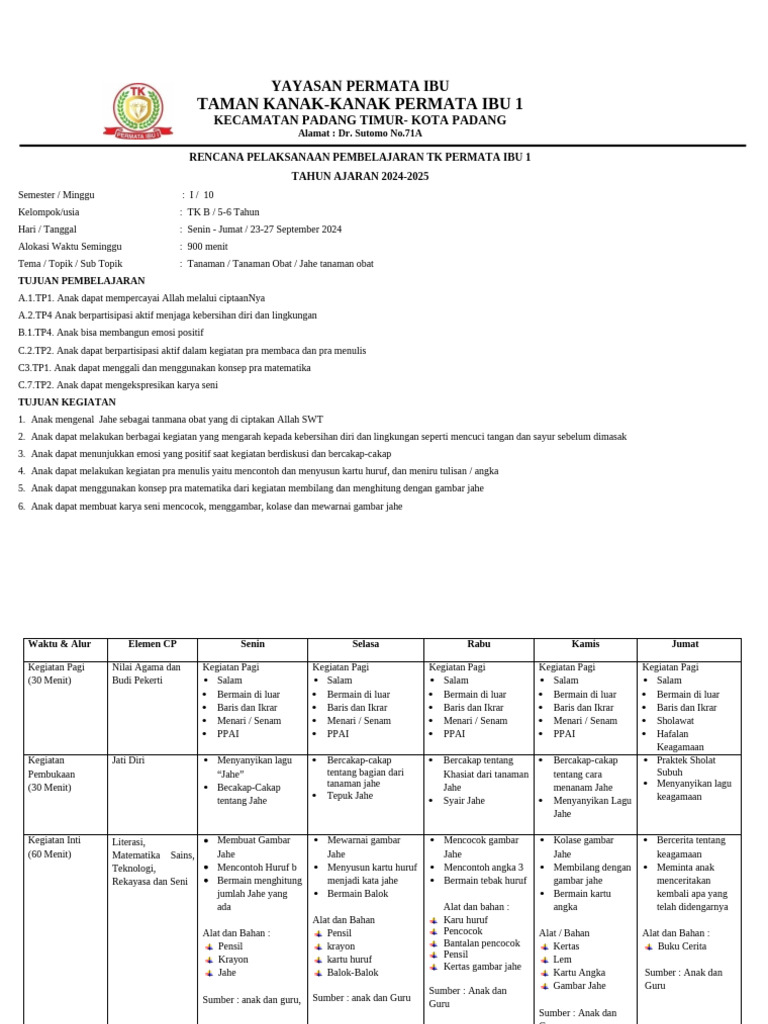 RPP TK Permata Ibu 2024-2025 | PDF