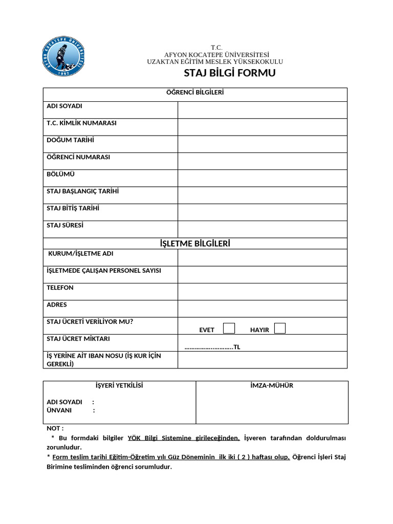 Staj Bilgi Formu 1 | PDF