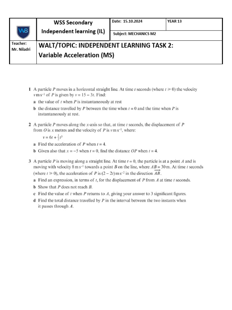 Walt/Topic: Independent Learning Task 2: Variable Acceleration (MS) | PDF