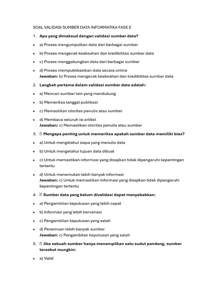 Soal Validasi Sumber Data Informatika Fase e | PDF | Komputer
