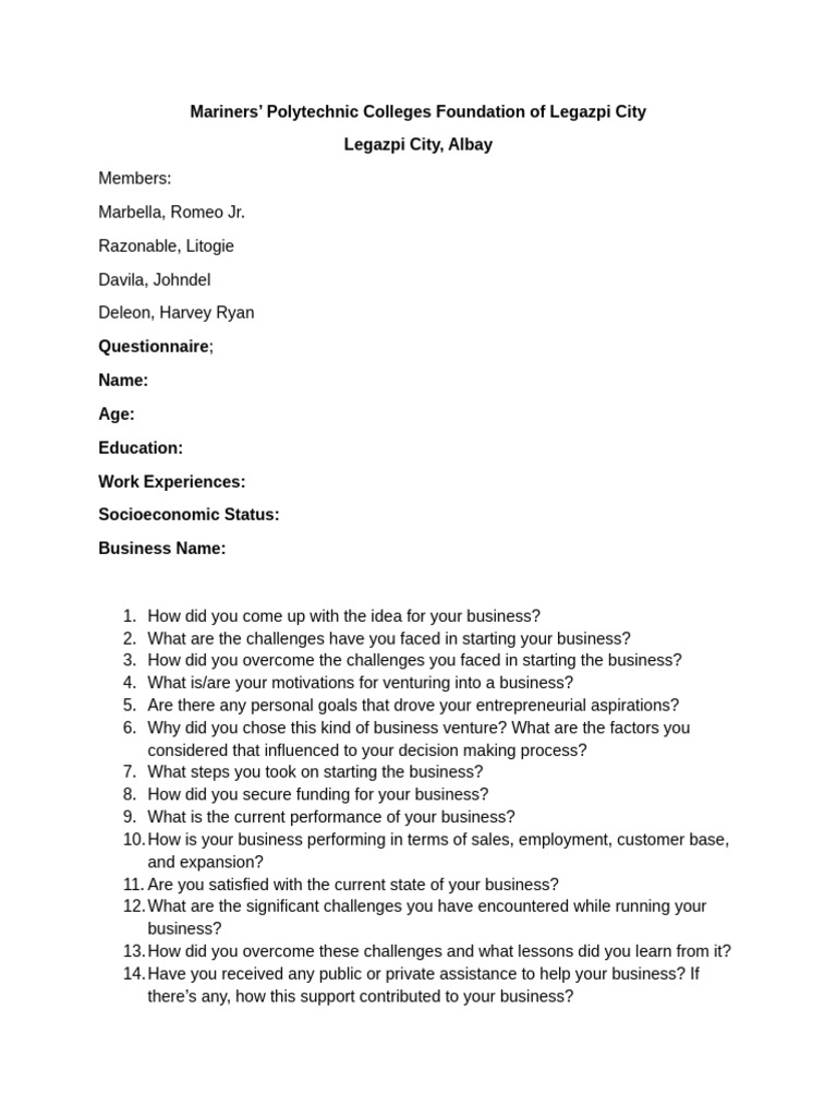 THC 10 Entrep Questionnaire | PDF