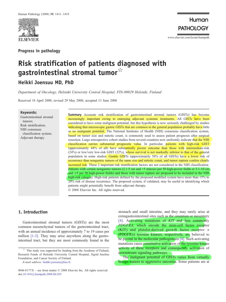 Risk Stratification In Gist Pdf Causes Of Death Cancer