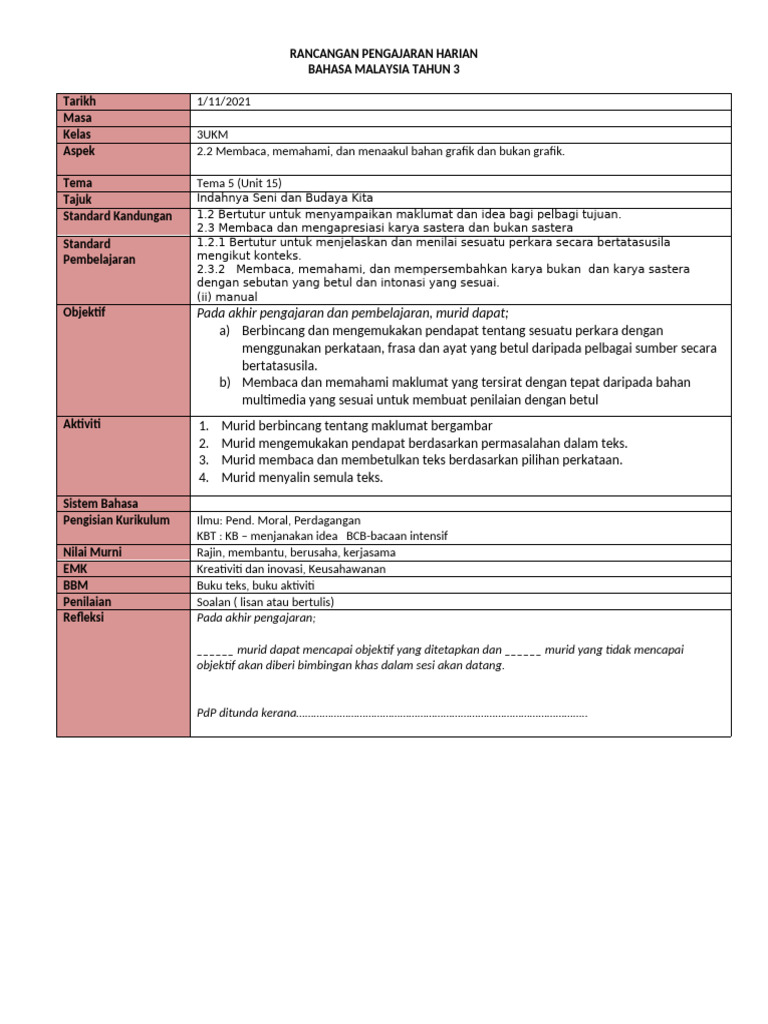 Contoh RPH BM | PDF | Karier & Perkembangan | Seni & Disiplin Bahasa