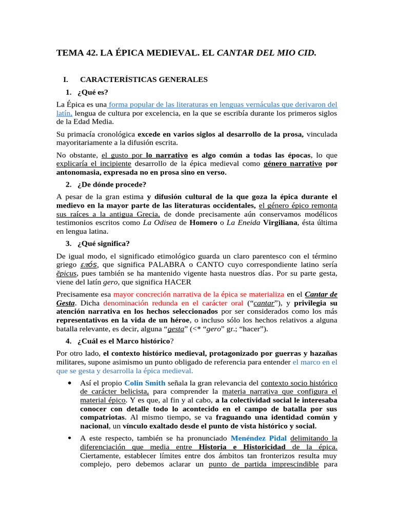 Tema 42 La Épica Medieval Definitivo | PDF | Poesía épica | Prosa