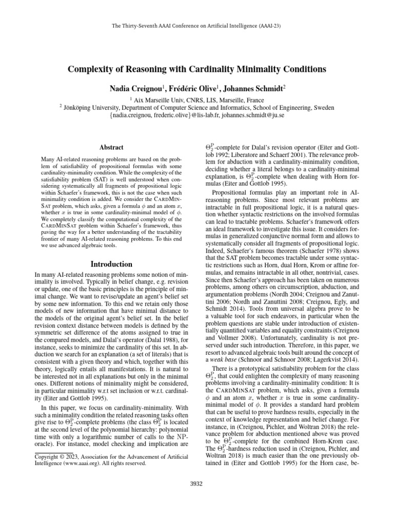 Complexity of Reasoning With Cardinality Minimality Conditions1 | PDF | Computational Complexity ...