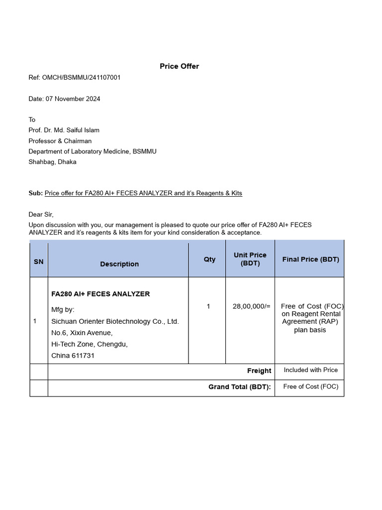 BSMMU FA280 Feces Analyzer Price Offer | PDF | Payments | Clinical Medicine
