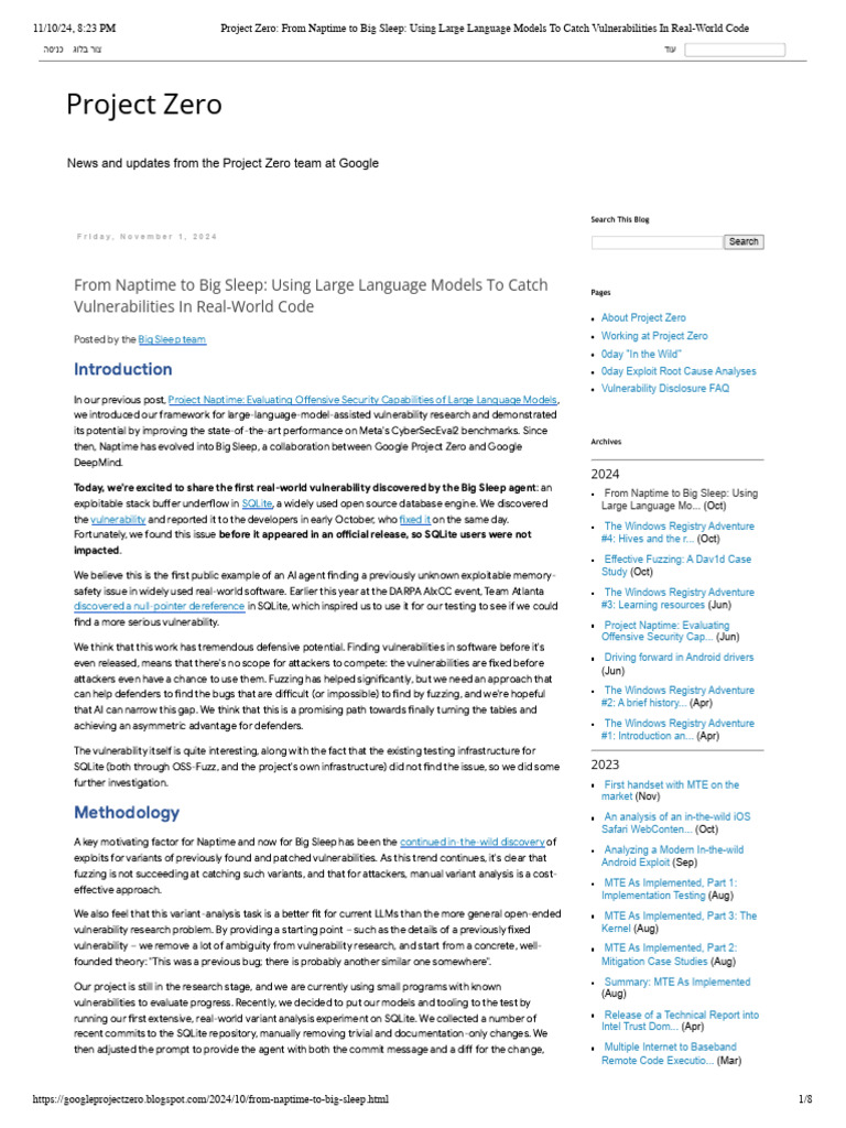 Project Zero - From Naptime To Big Sleep - Using Large Language Models To Catch Vulnerabilities ...