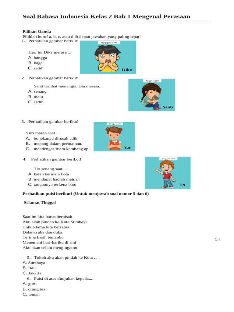 Soal Bahasa Indonesia Kelas 2 Bab 1 Mengenal Perasaan | PDF