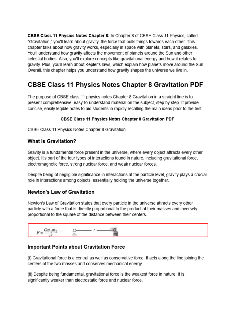 Class 11 Physics: Gravitation Notes | PDF | Force | Gravity