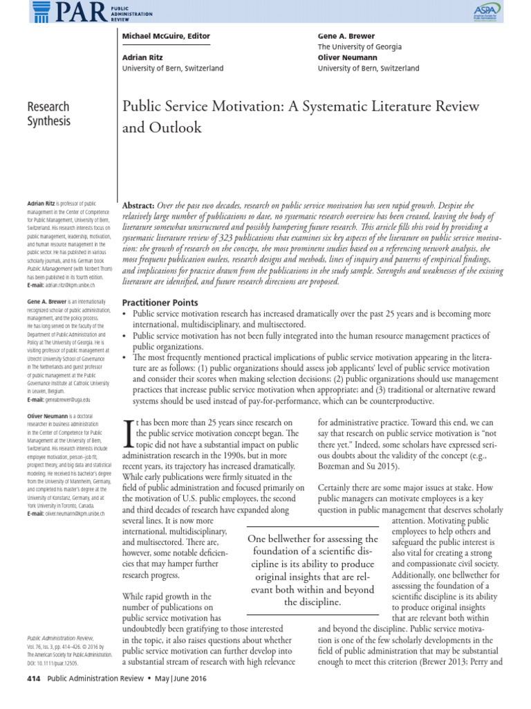 Public Administration Review - 2016 - Ritz - Public Service Motivation ...