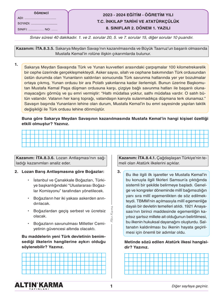 2023 2024 8. Sinif T.C. Inkilap Tarihi 2. Donem 1. Yazili Cevapli 2 | PDF