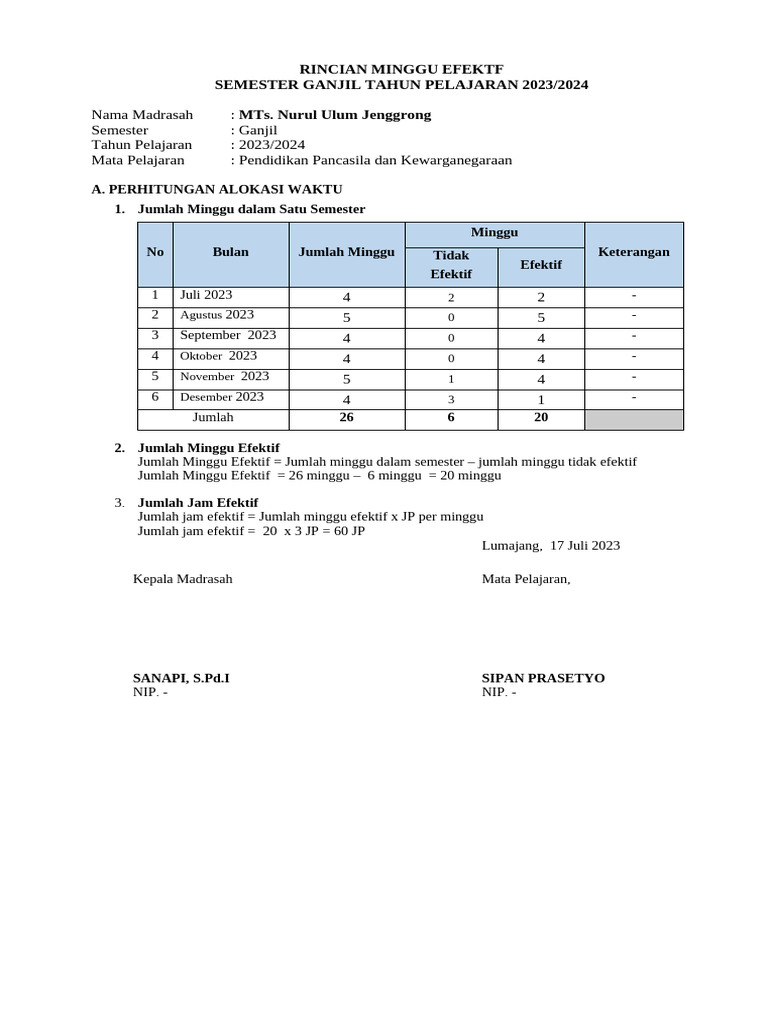 Rincian Minggu Efektif Semester 1 & 2 2023-2024 | PDF