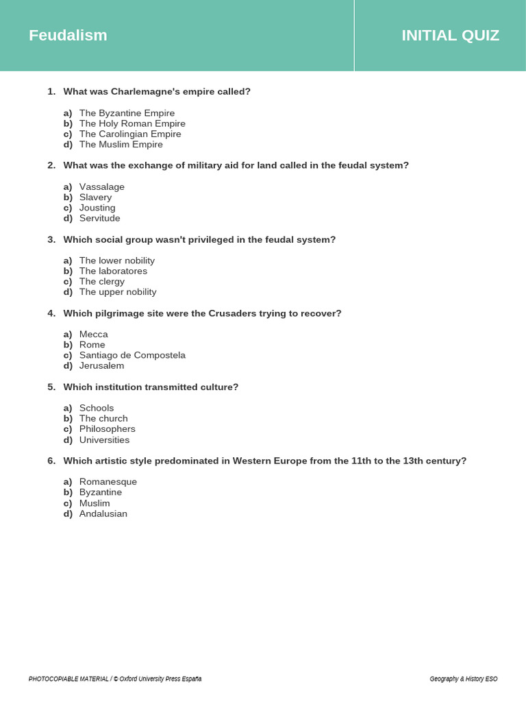 Feudalism Quiz for Students | PDF | Feudalism | Middle Ages