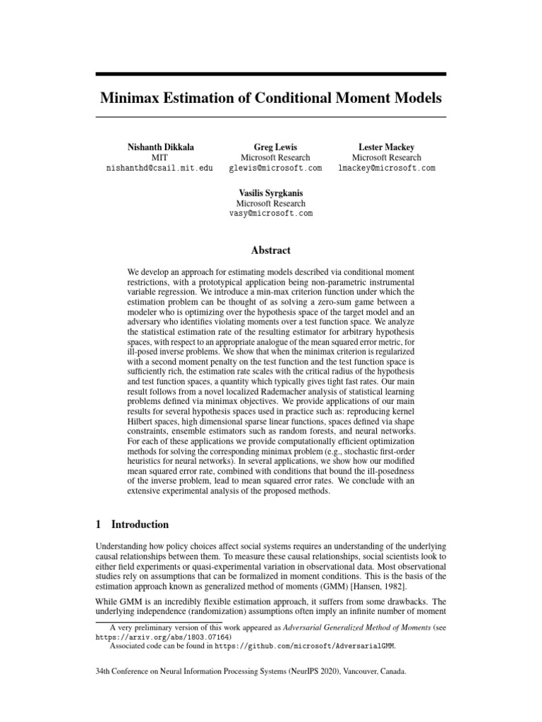Neurips 2020 Minimax Estimation Of Conditional Moment Models Paper Pdf Hilbert Space