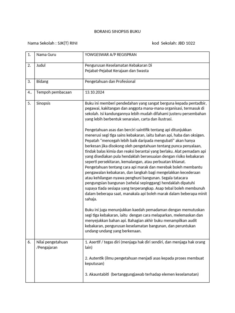 Borang Sinopsis Buku SPLG KPM | PDF