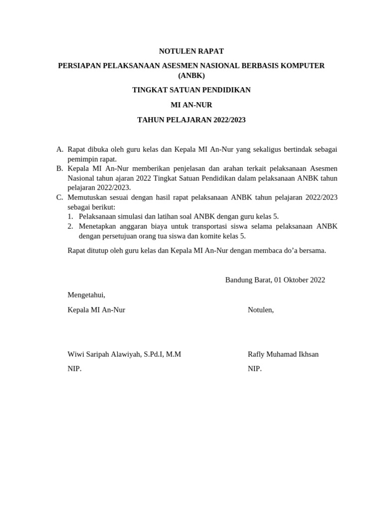 Notulensi Hasil Rapat Persiapan ANBK | PDF | Karier & Perkembangan