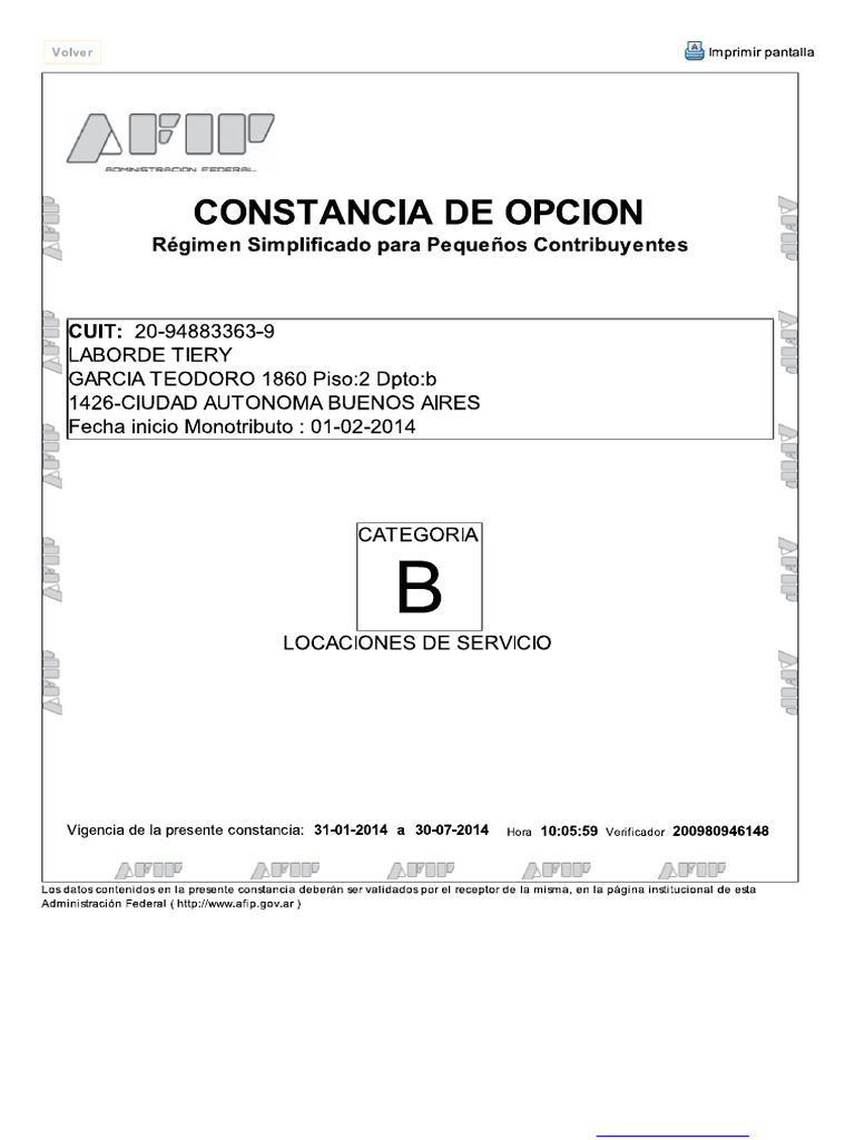 AFIP - Constancia de Opcion | PDF