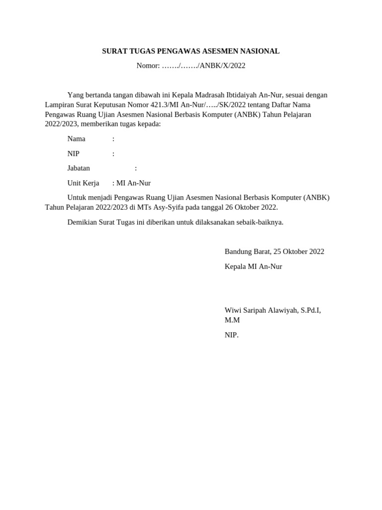 Surat Tugas Pengawas Ruang ANBK | PDF