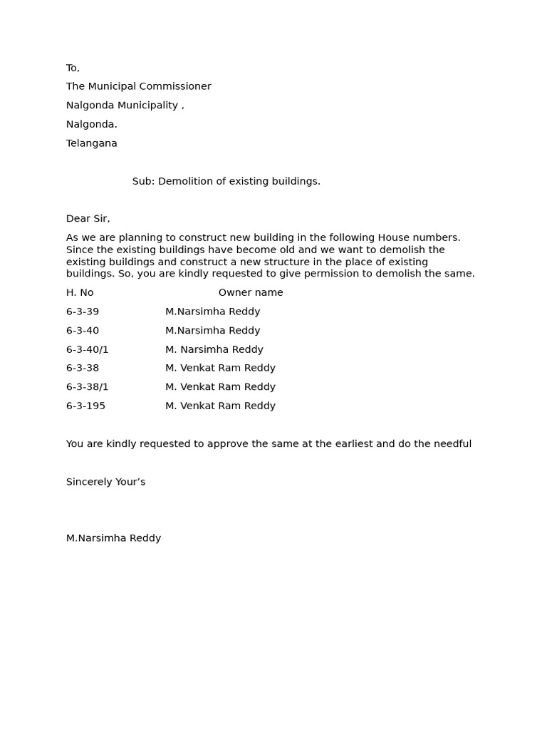 Demolition Permit Request Nalgonda | PDF