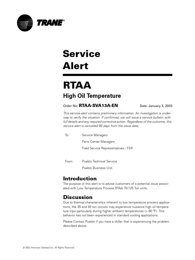 RTAA High Oil Temp Alert 2003 | PDF | Engineering Thermodynamics | Heat ...