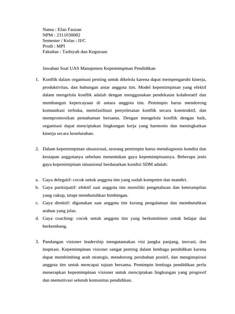 UAS Manajemen Kepemimpinan Pendidikan | PDF