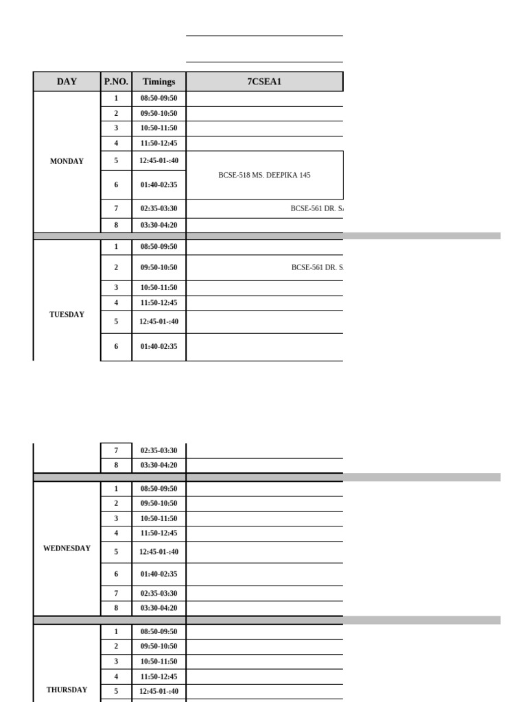 B.tech (CSE) - 7th Sem. Classwise (W.e.f 12-08-2024) Time Table (For Academic Year (2024-25) ) | PDF