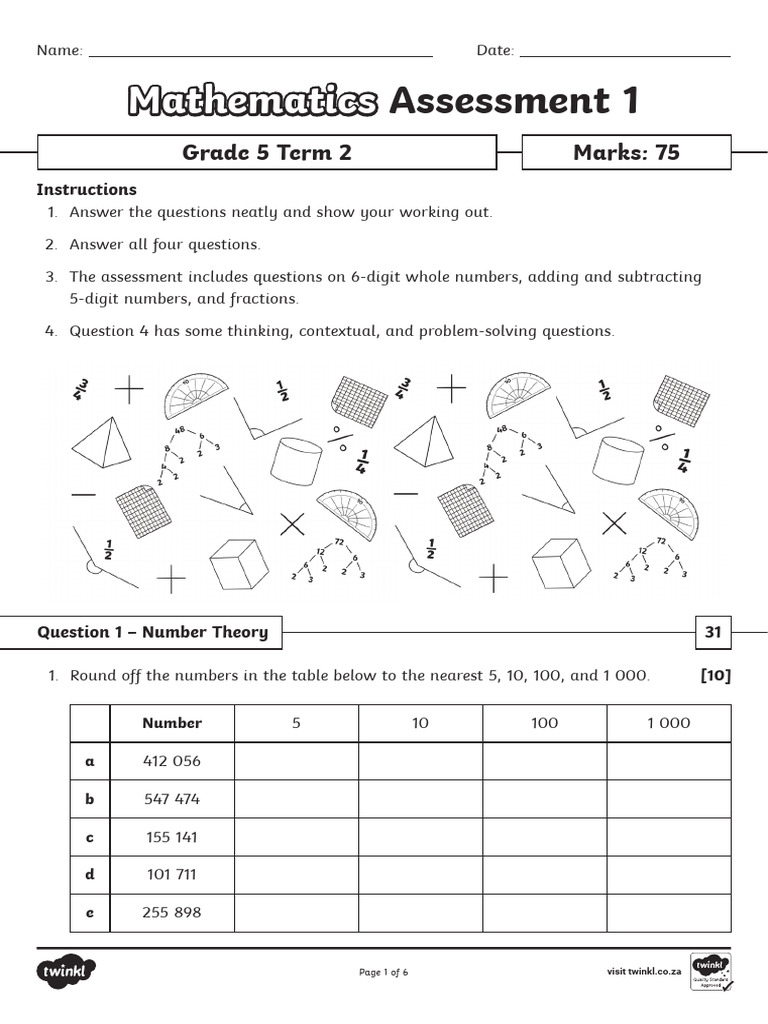 Za M 1684179474 Grade 5 Term 2 Assessment 1 For Mathematics - Ver - 3 ...