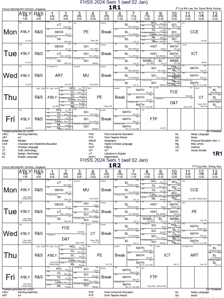 FHSS 2024 Semester 1 Timetable | PDF