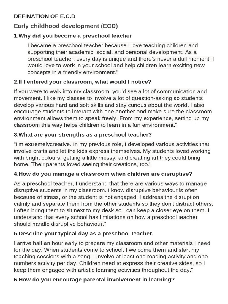 ECD Teacher Interview Insights | PDF | Classroom | Preschool