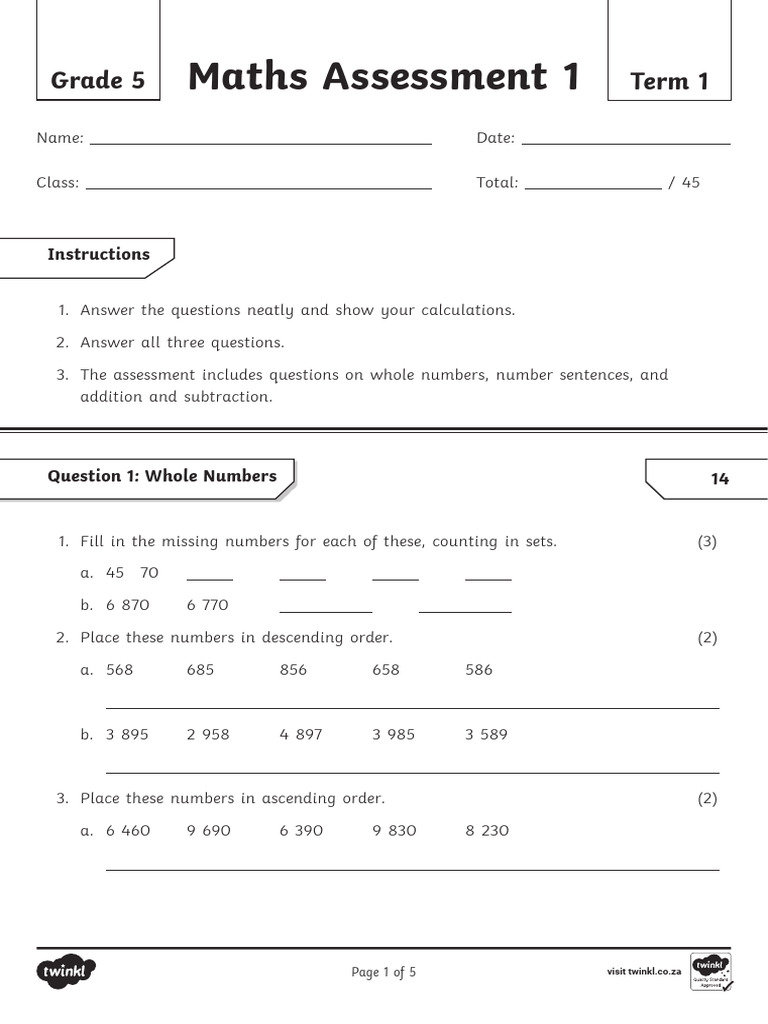 Za M 1710569549 Grade 5 Term 1 Maths Assessment 1 - Ver - 3 | PDF ...