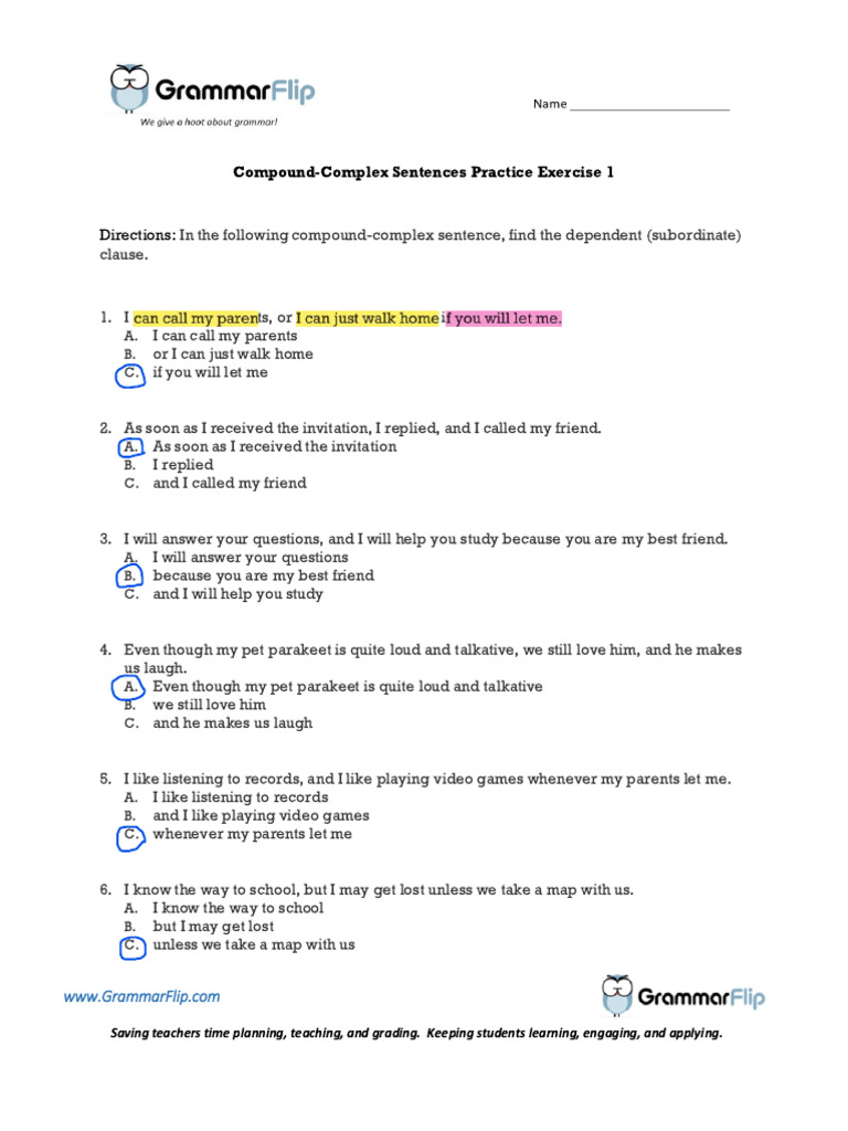 Compound-Complex Sentences GrammarFlip Worksheet PE1 Edited | PDF
