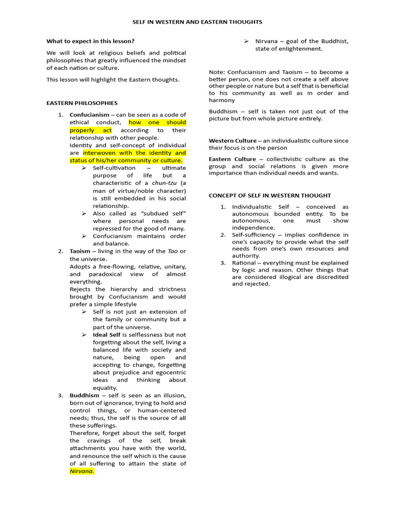 Uts Self in Western and Eastern Thoughts | PDF | Eastern Philosophy | Liberal Arts Education