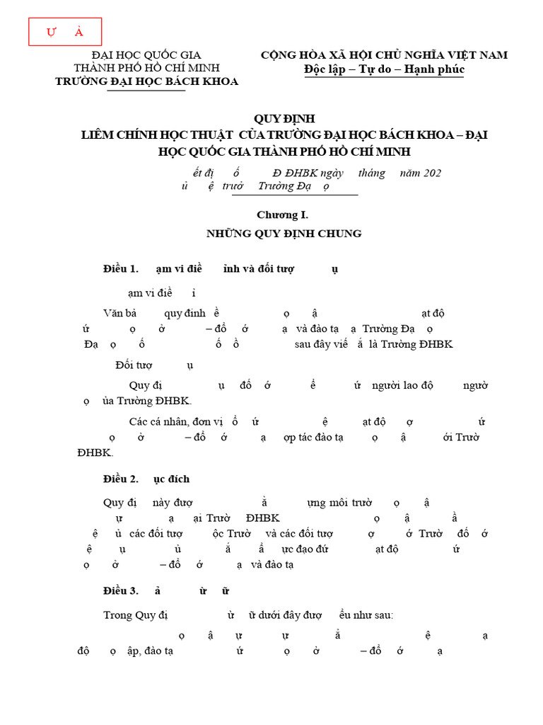 Du Thao Quy Dinh Liem Chinh Hoc Thuat Truong DHBK 2024 R03 | PDF