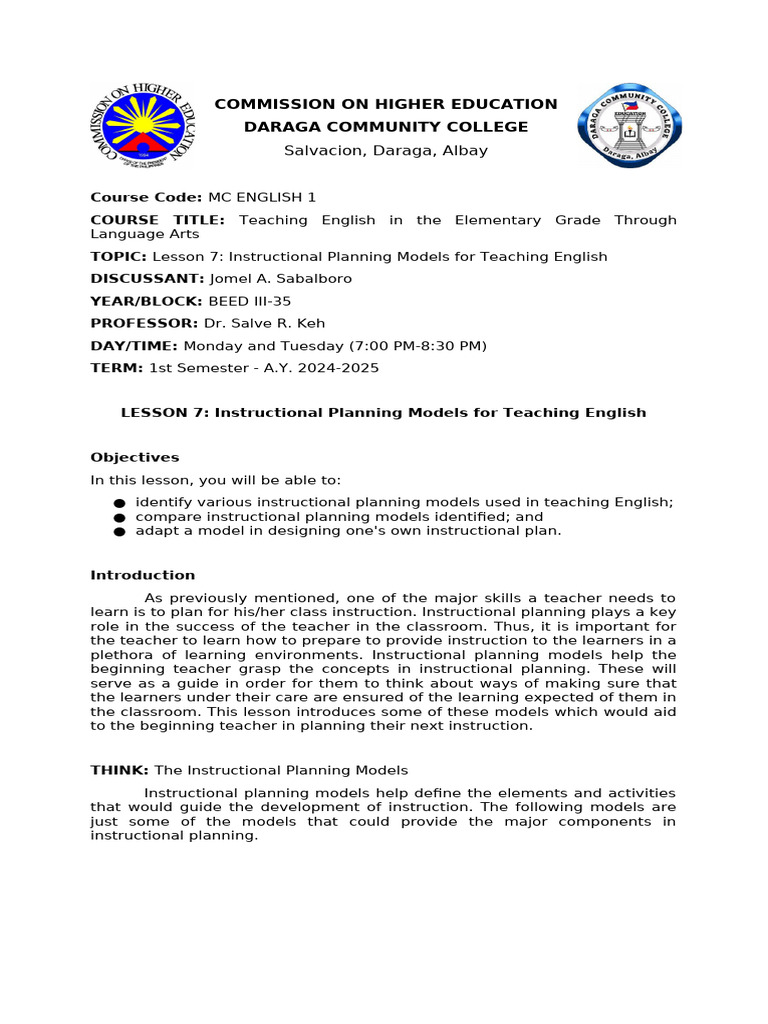 Handouts Sabalboro MC English 1 | PDF | Learning | Teachers