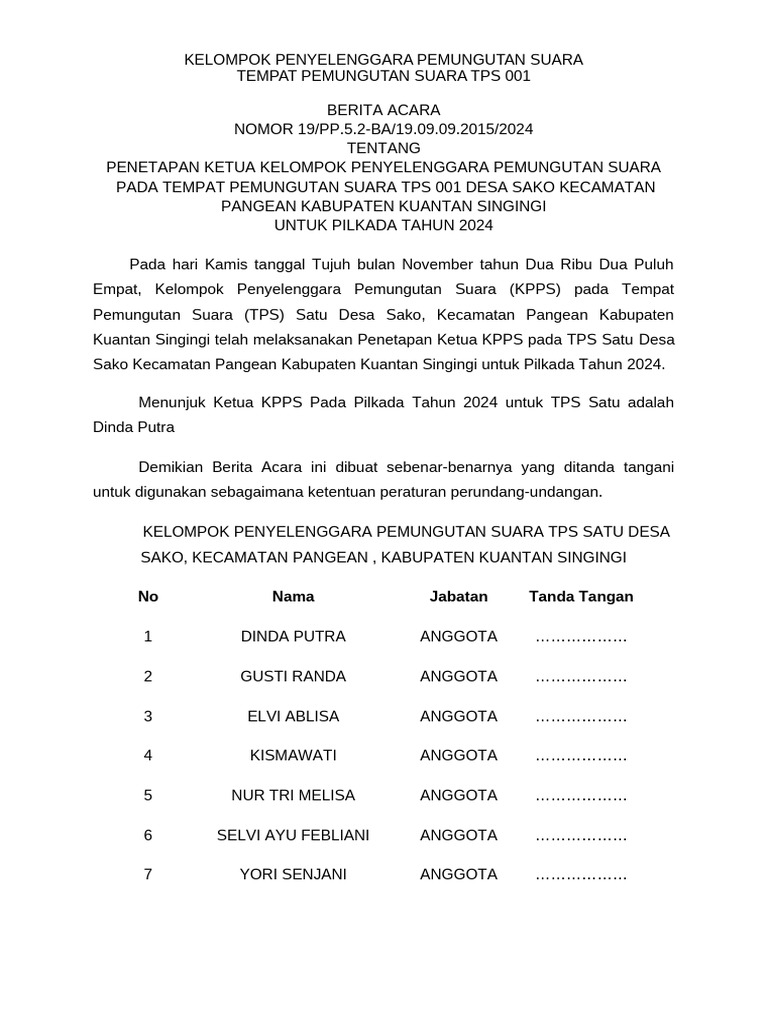 Penetapan Ketua KPPS TPS 001 | PDF
