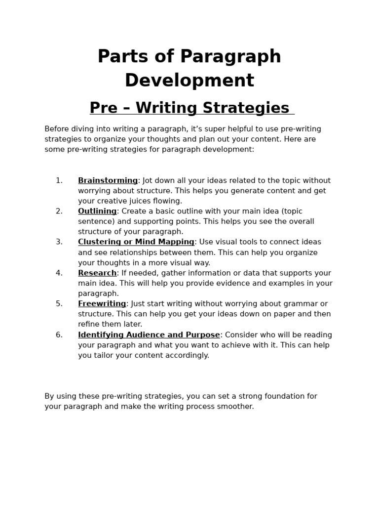 Parts of Paragraph Development: Pre - Writing Strategies | PDF