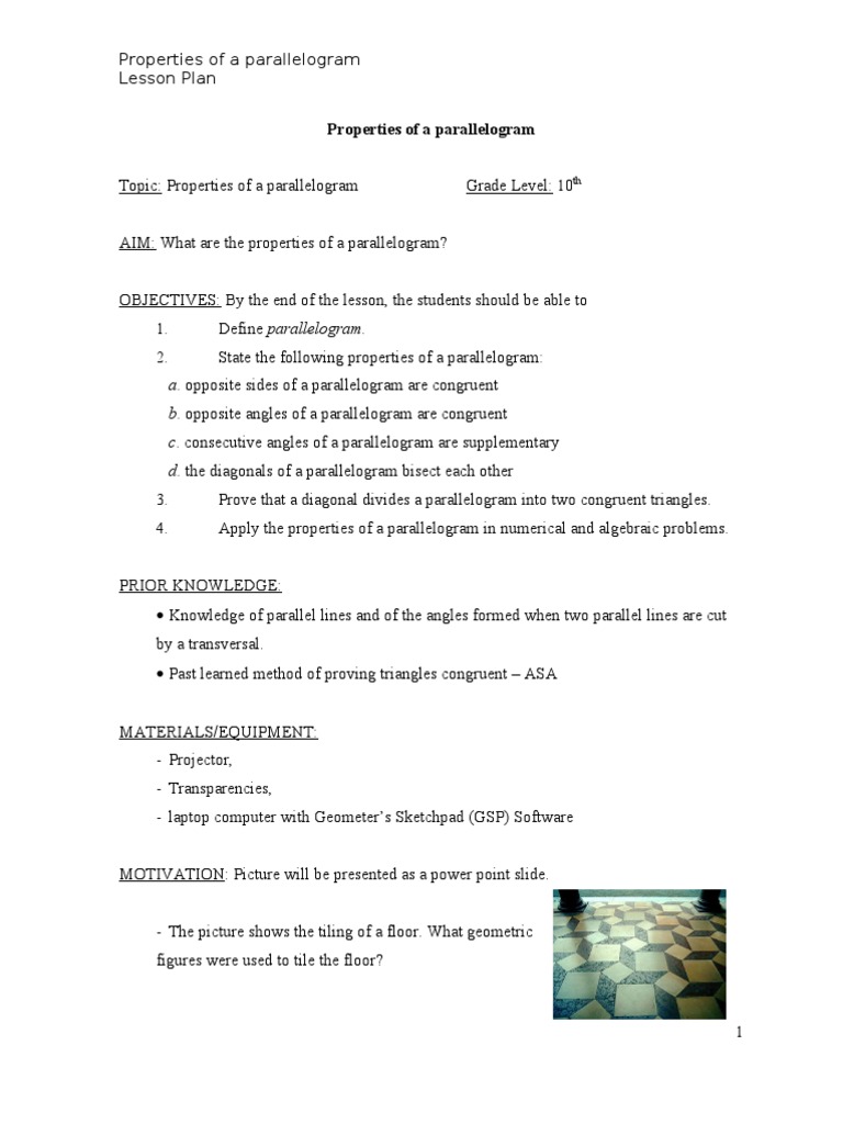 Properties of A Parallelogram - Lesson Plan | PDF | Triangle ...