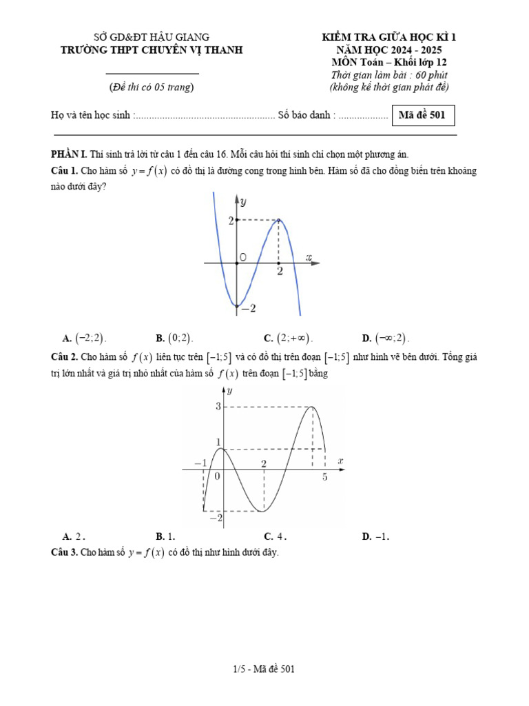 De Giua Hoc Ky 1 Toan 12 Nam 2024 2025 Truong THPT Chuyen VI Thanh Hau Giang Trang | PDF