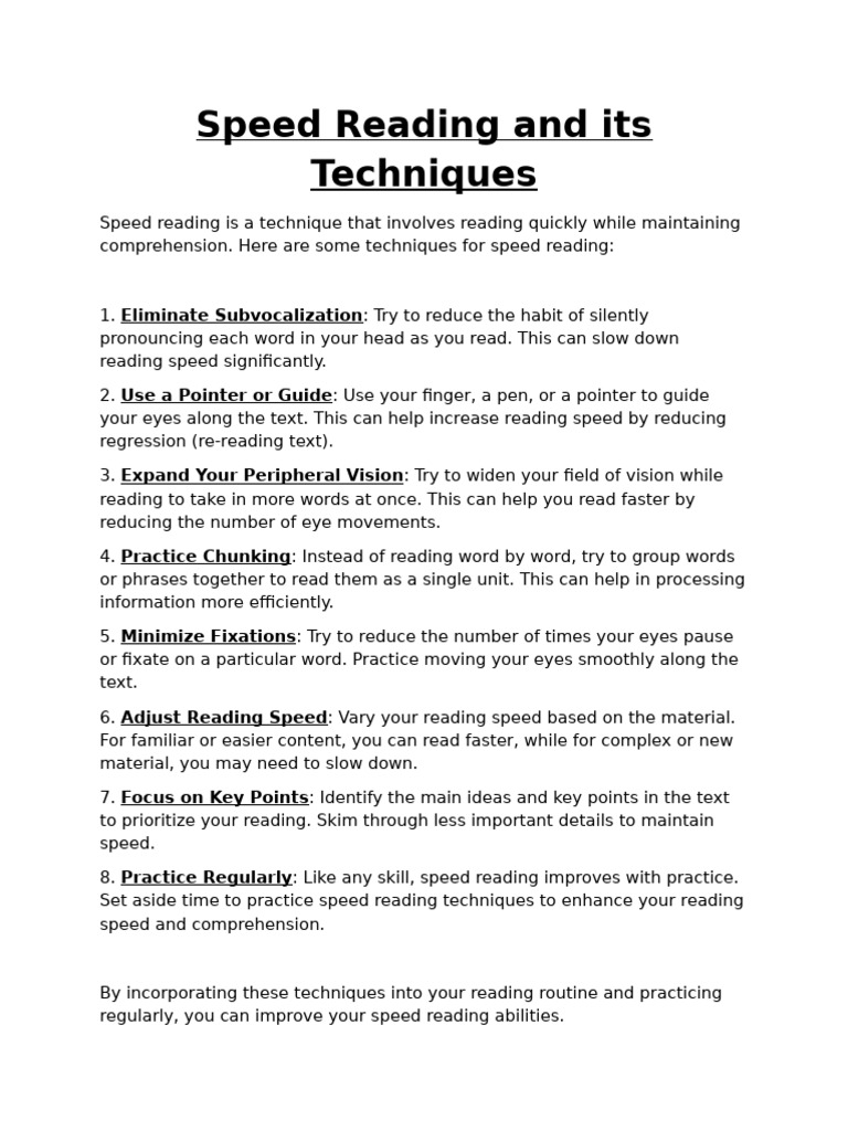 Speed Reading and Its Techniques: Eliminate Subvocalization | PDF | Speed Reading | Reading ...