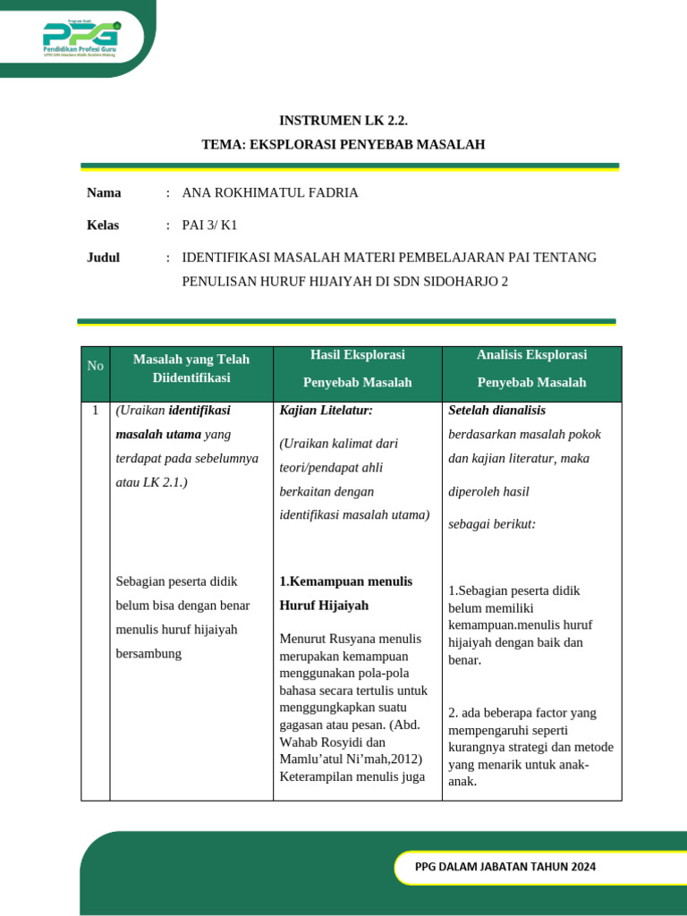 Instrumen LK 2.2. - Eksplorasi Penyebab Masalah - Kajian Literatur - (MODUL PROFESIONAL PJBL) | PDF