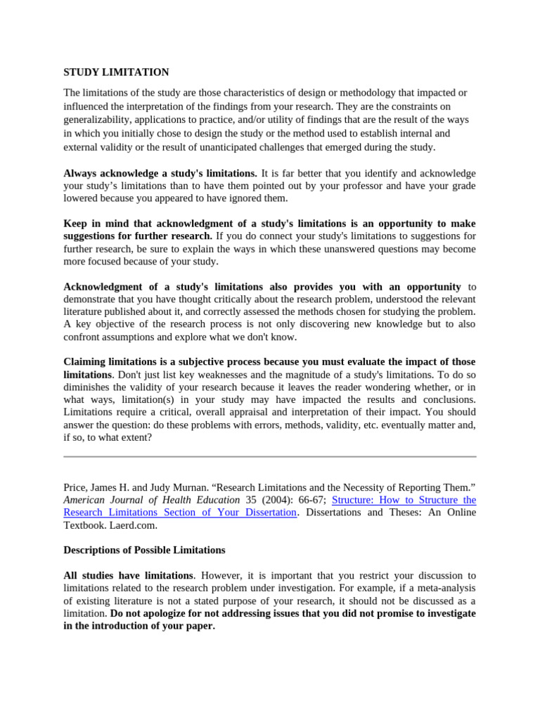 Study Limitations | PDF | Methodology | Sample Size Determination