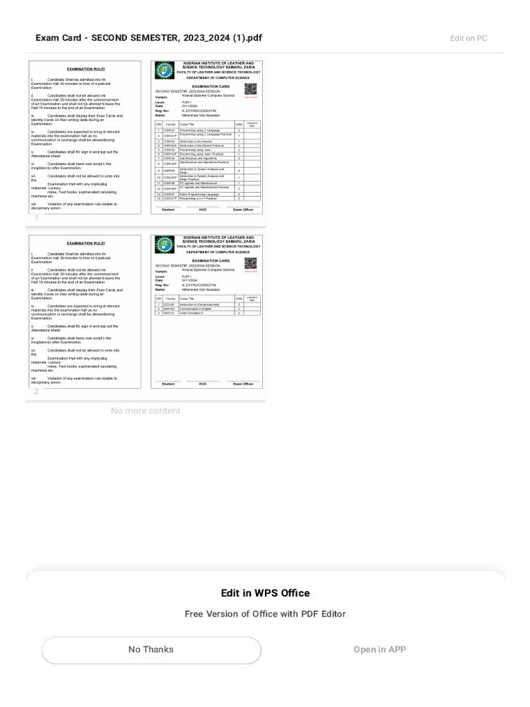 Exam Card - SECOND SEMESTER, 2023 - 2024 | PDF