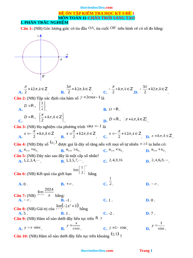 De On Thi HK1 Toan 11 CTST de 1 | PDF