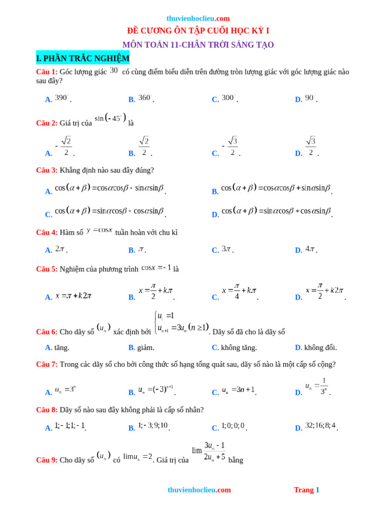 De Cuong On Tap HK1 Toan 11 CTST | PDF